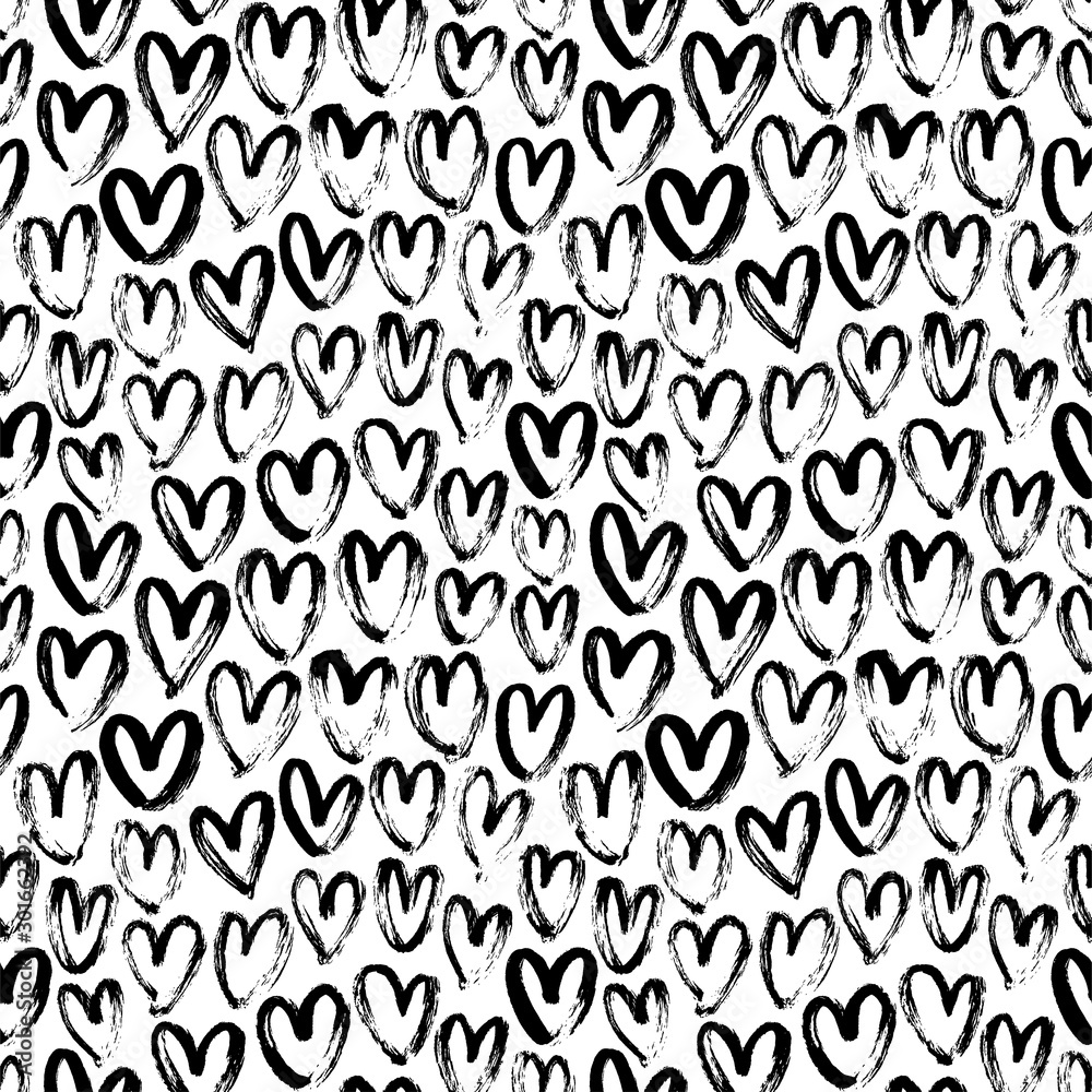Heart seamless pattern. Black and white ink brush hearts hand drawn ...