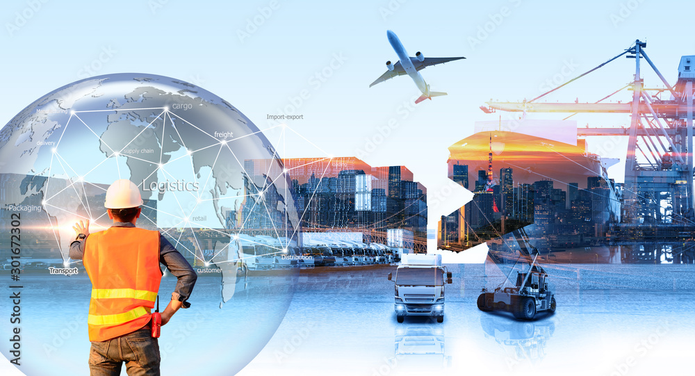 The double exposure image of Transportation, import-export and ...