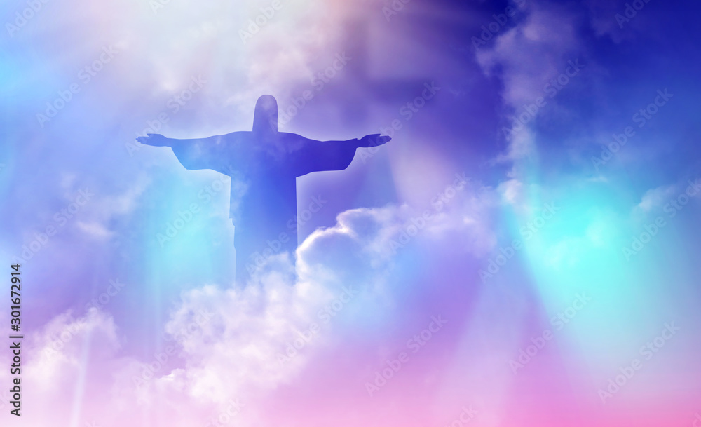 Jesus appeared bright in the sky and Christian Cross with soft fluffy ...