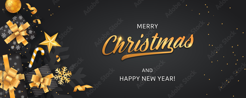 Merry Christmas and Happy New Year black backgrounds template with gold ...
