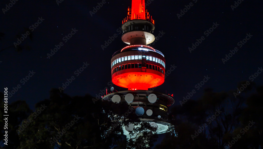 Close up view of Telstra Tower at night in Canberra, the capital city ...