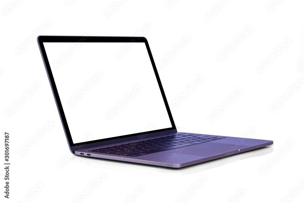 Colseup modern laptop computer in right side view with blank white ...