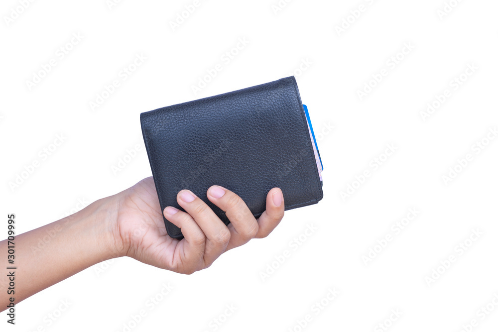 Closeup hand holding black leather wallet isolated on white background ...