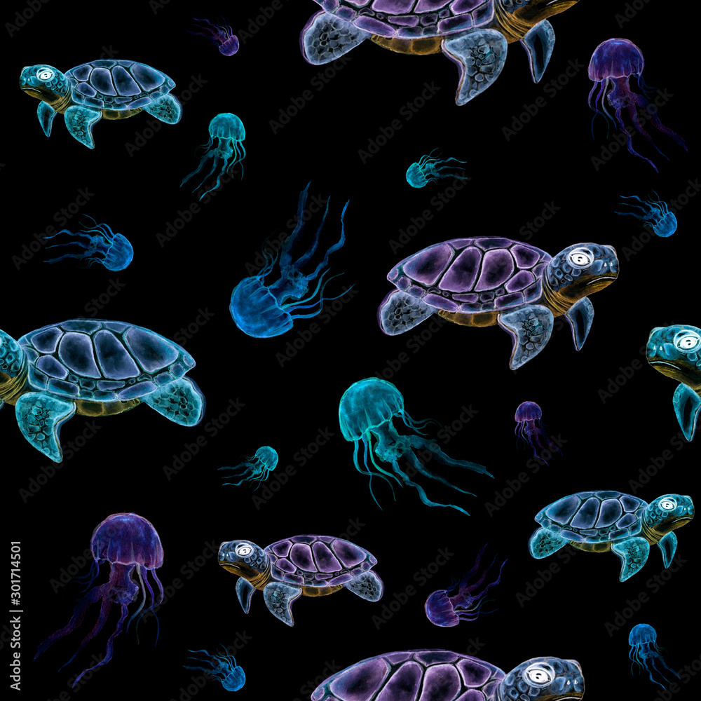 Cute neon turtles and jelly fish. Seamless pattern. Hand drawn ...