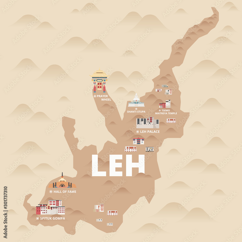 Illustration map of Leh. Landmarks of Leh. Travel concept. Map ...