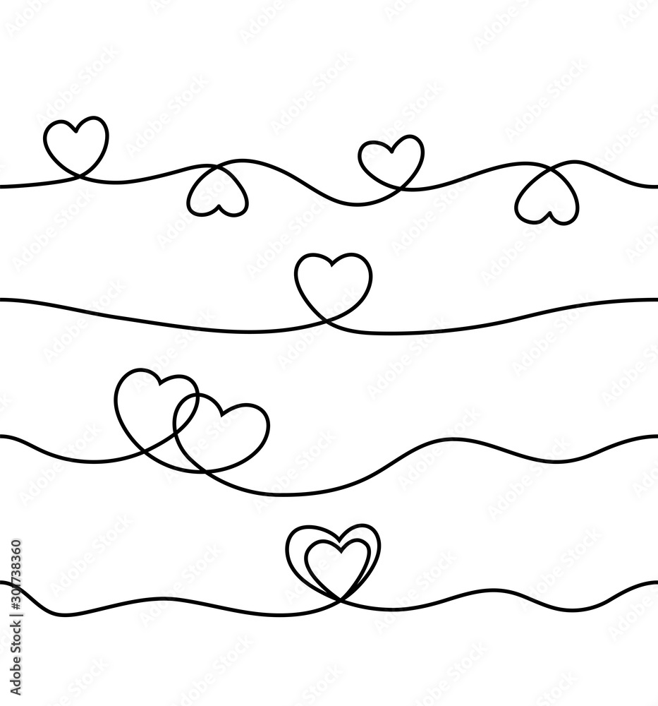 Set of seamless continuous line heart border on white background for ...