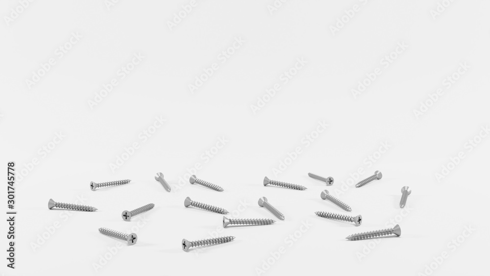 Silver metallic screw nails on white background, perspective concept ...