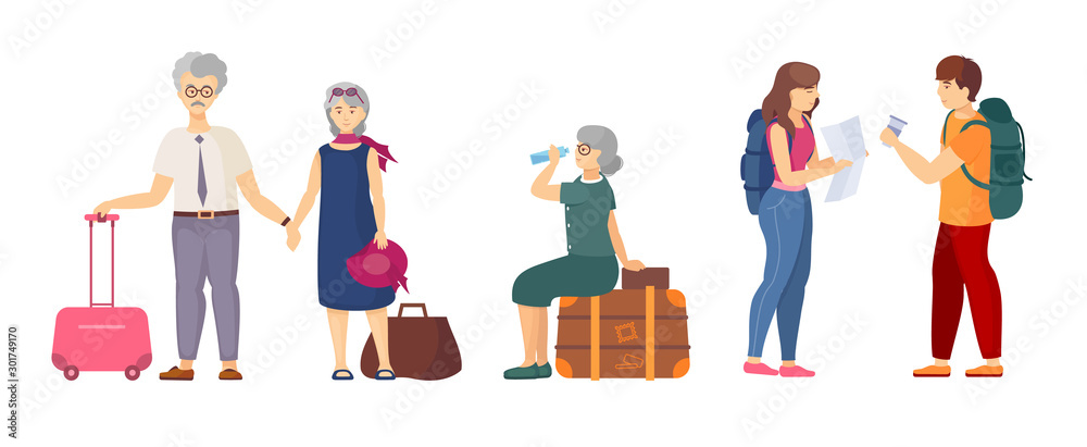 Travel group old and young couple with luggage traveling in summer ...