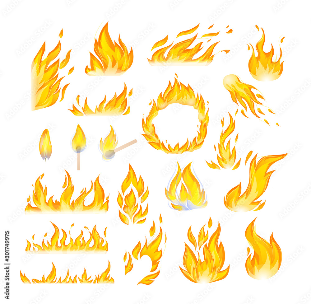 Realistic fire flames set. Flames red and orange hot flaming heat ...