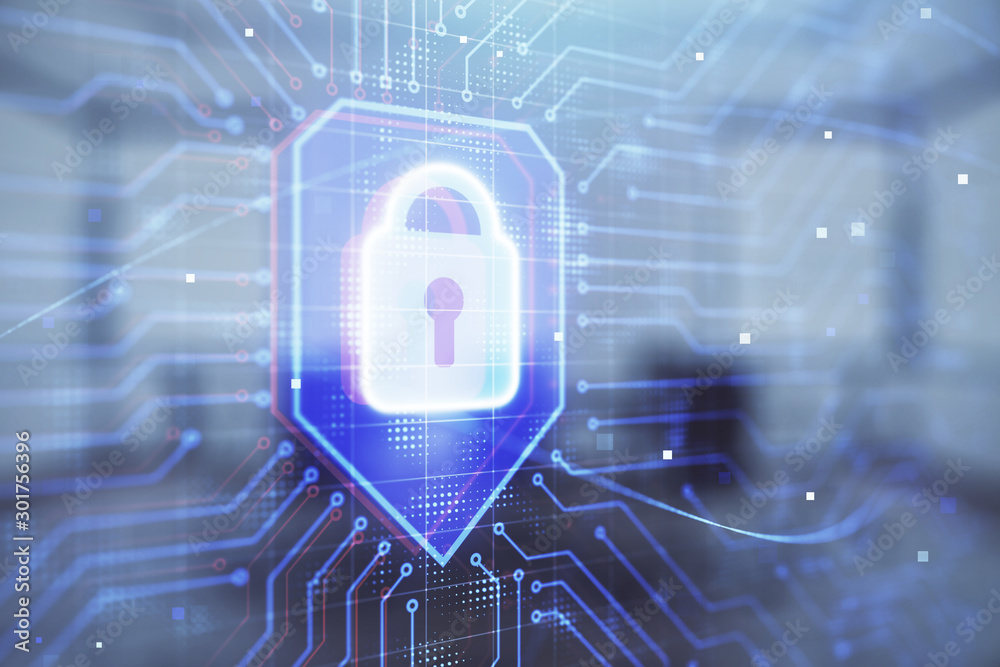 Double exposure of lock icon hologram on conference room background ...