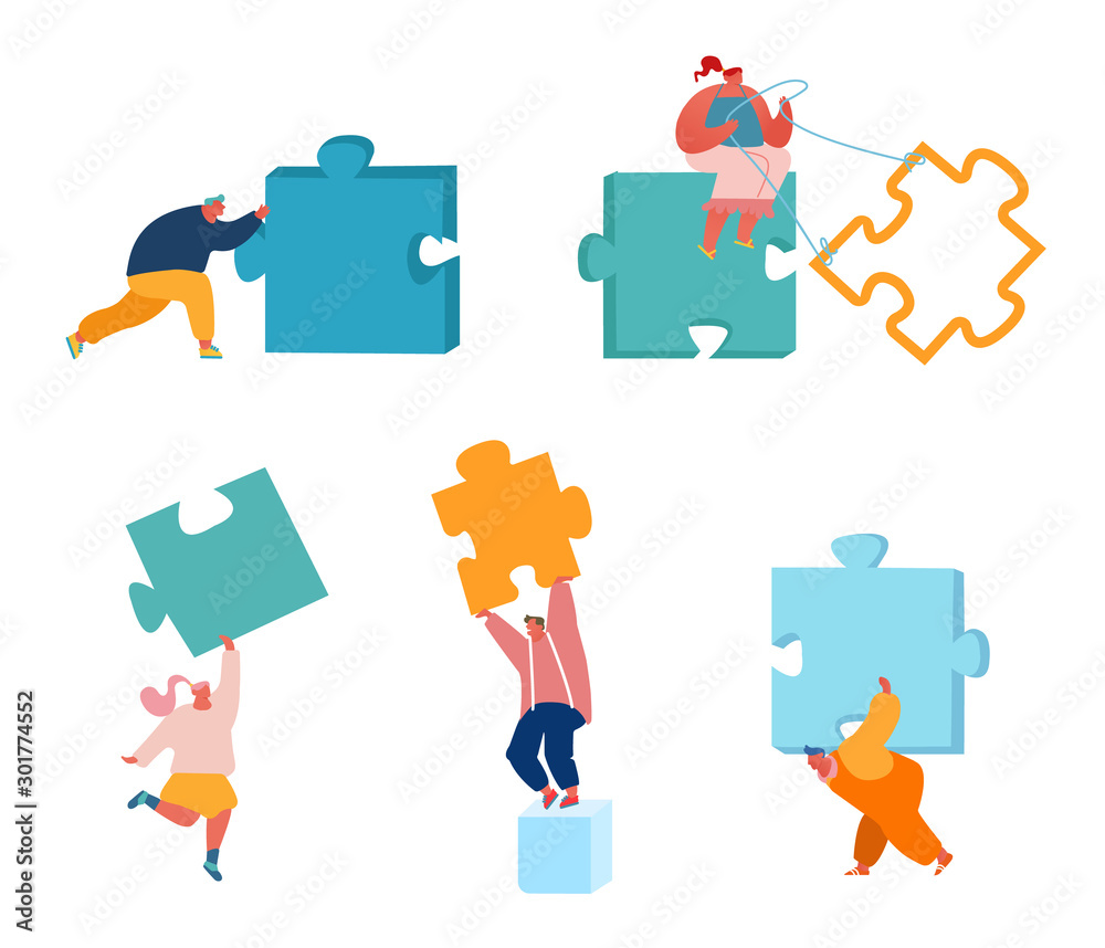 Business People with Huge Puzzle Pieces Set Isolated on White ...