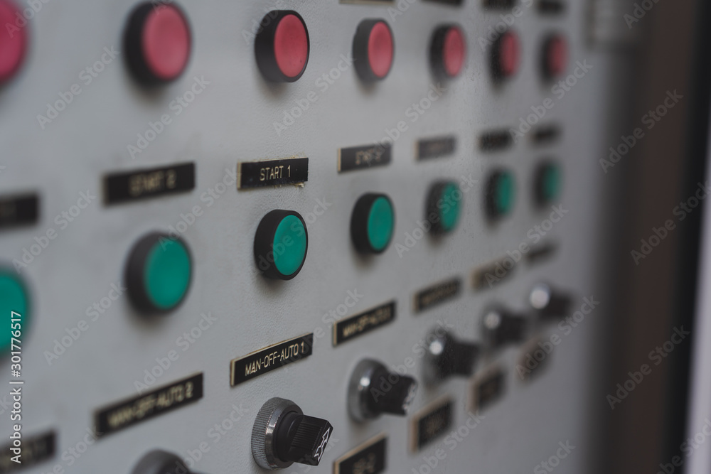Electrical panel and start botton switch in control Room. Stock Photo ...