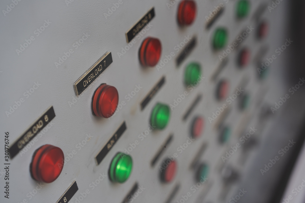 Electrical panel and overload botton switch in control Room. Stock ...