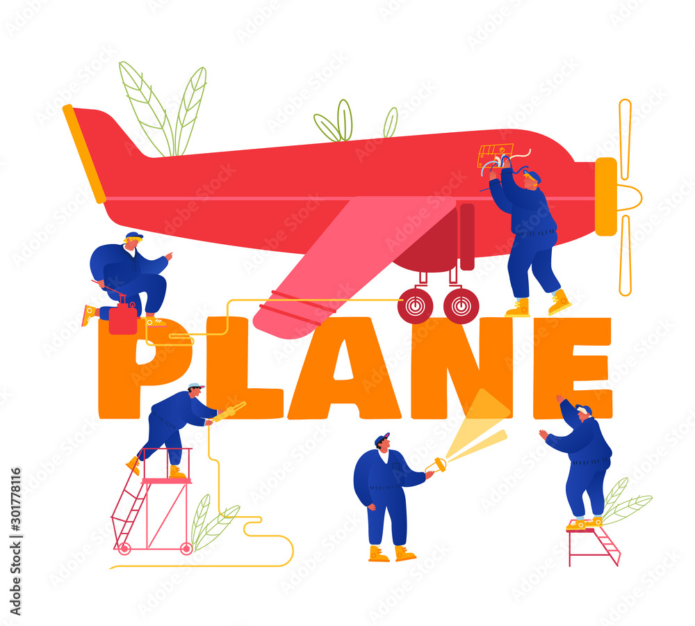 Plane Maintenance and Repair Concept. Group of Mechanics Engineers ...