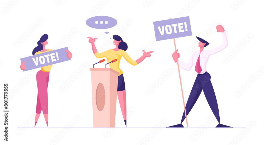 People Holding Vote Banners for Woman Speaker Candidate. Characters Law ...
