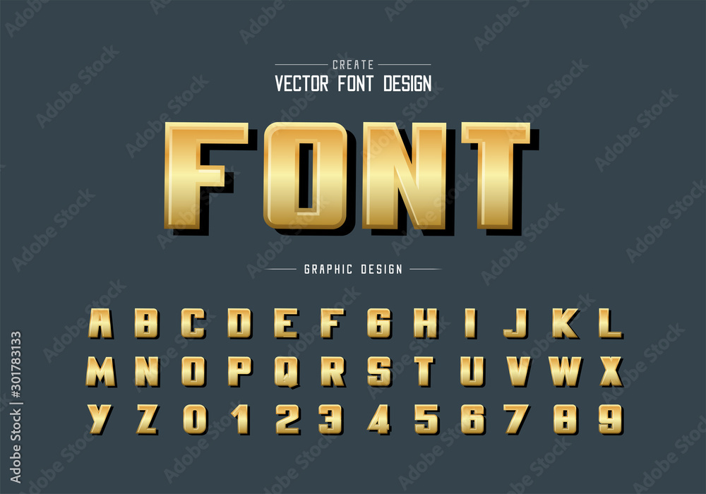 Gold font and bold alphabet vector, Golden writing typeface and number ...