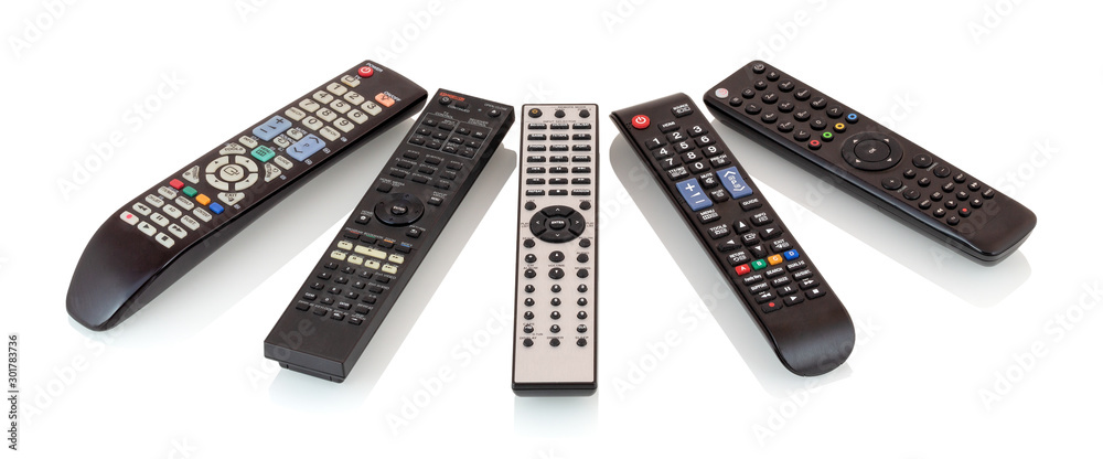 Bunch of remote controls for TV , Blu Ray player, satellite receiver ...