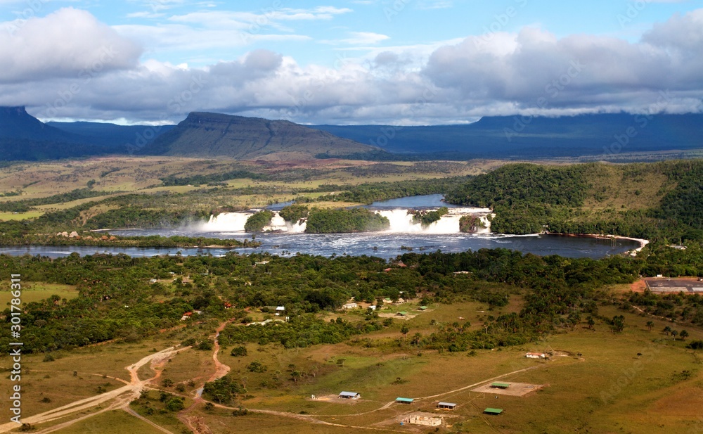 aerial view of the Canaima lagoon and his waterfall, Venezuela Stock ...
