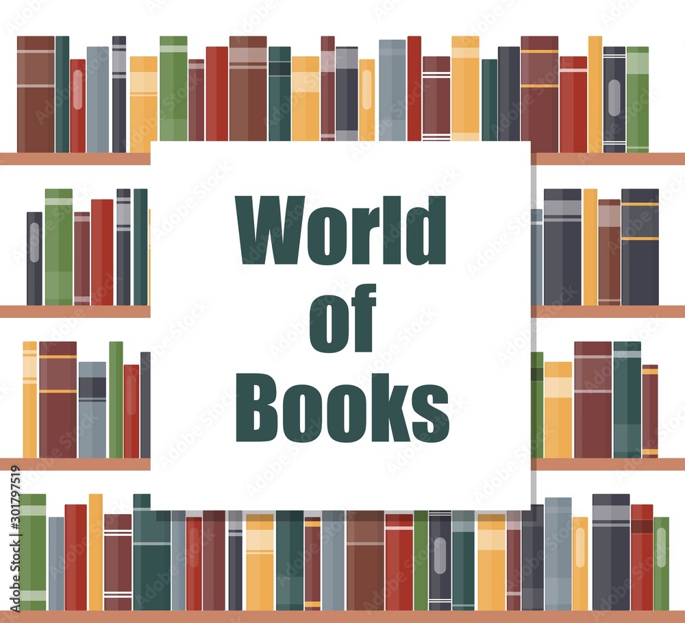 World of books concept. Book shelves with multicolored book spines ...