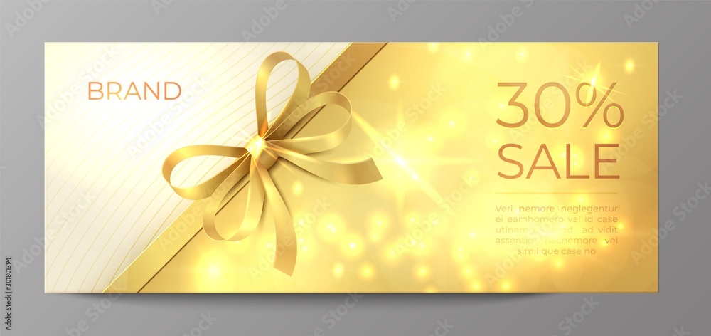Voucher gold card. Golden ribbon certificate, luxury elegant ...