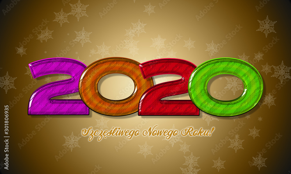 Kartka Szczęśliwego Nowego Roku 2020, z płatkami śniegu na złotym tle ...