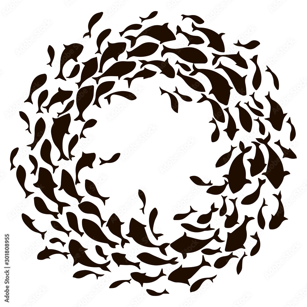 Abstract school of fish. Black silhouettes of fish swimming in a circle ...