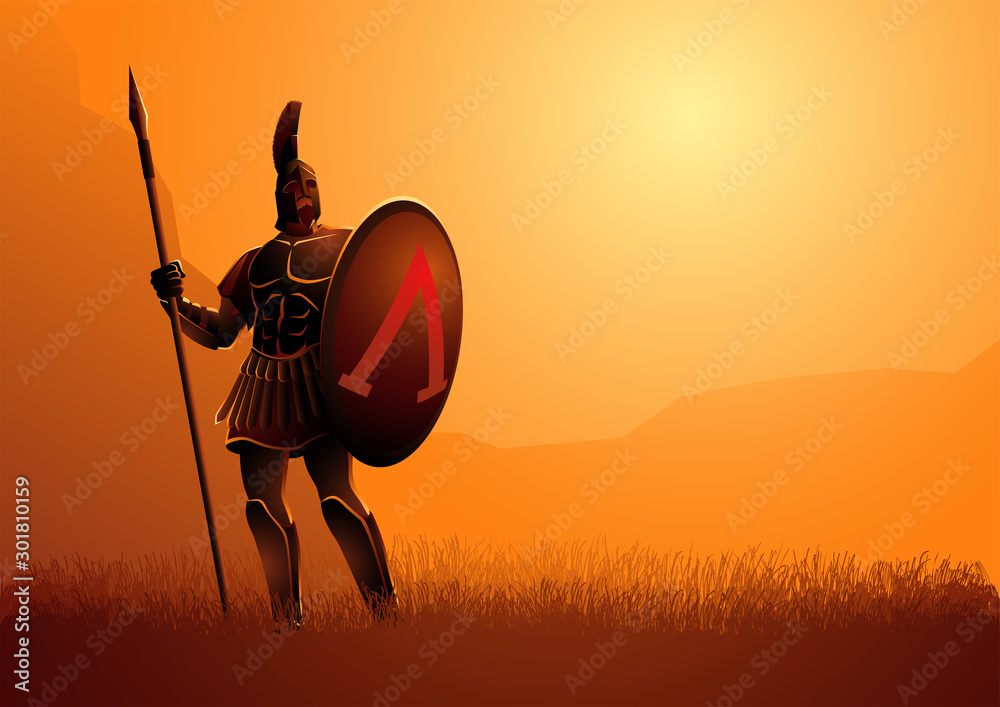 Ancient warrior with his shield and spear standing gallantly on grass ...