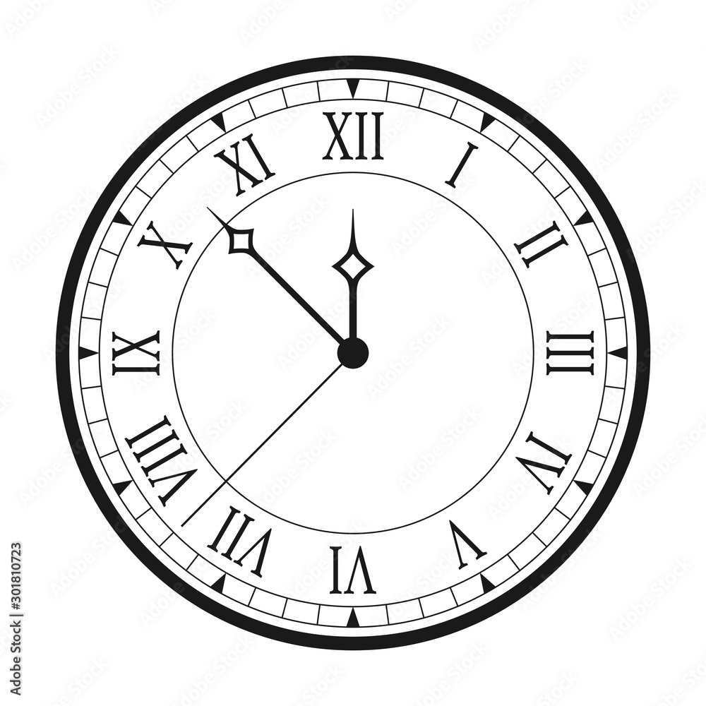 Vintage clock with Roman numerals isolated on white background. Black ...