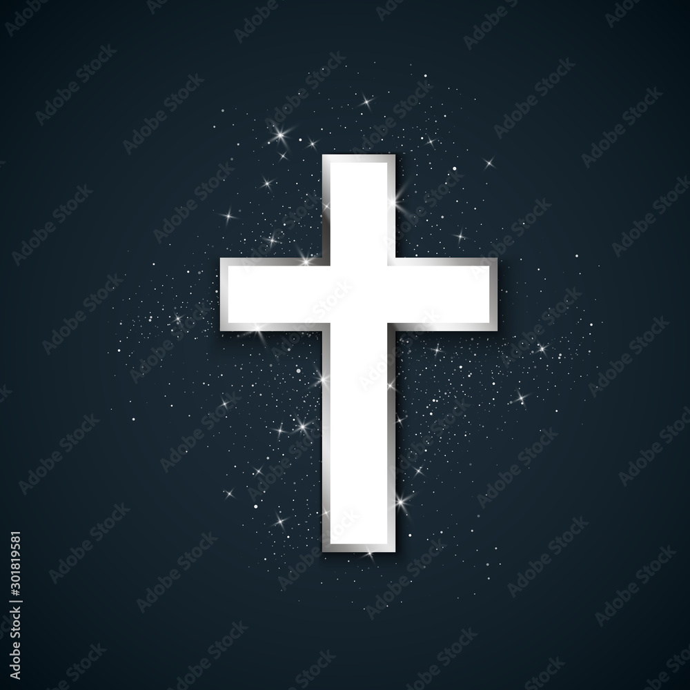 White Cross with silver stroke symbol of christianity. Holy metal cross ...