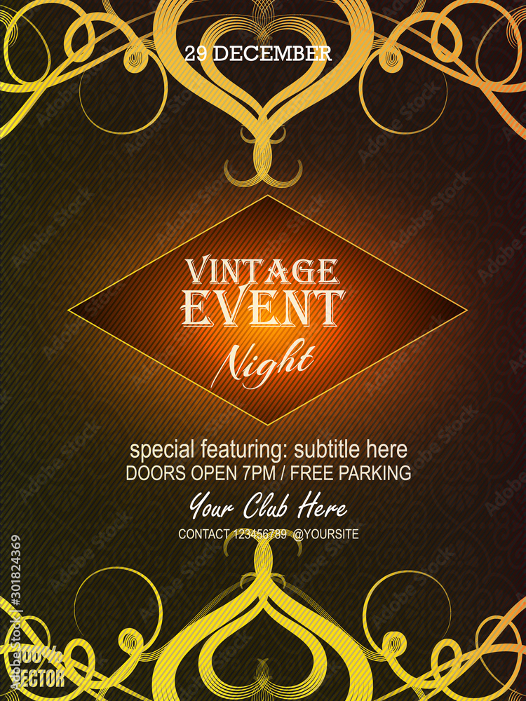 Yellow ornate vintage event invitation card design & poster & banner ...