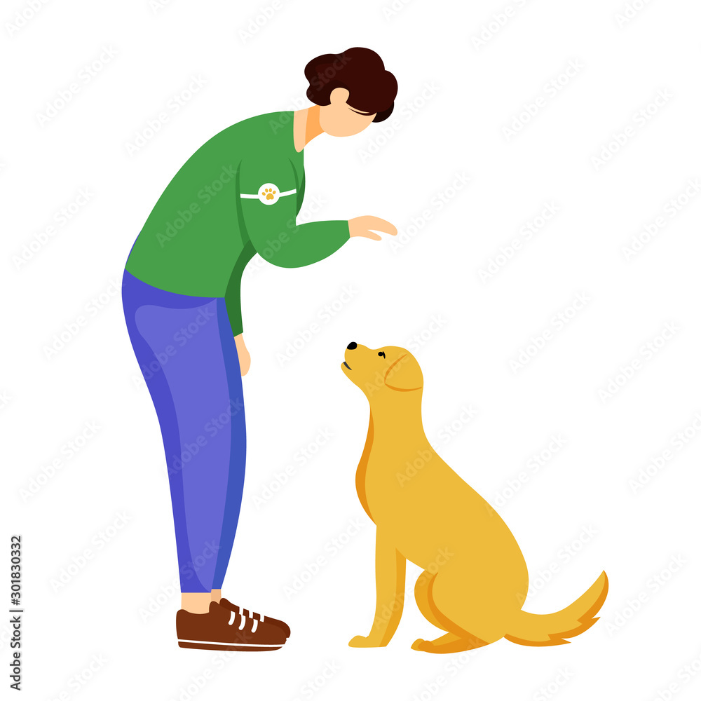 Animal adoption flat vector illustration. Young volunteer with dog ...