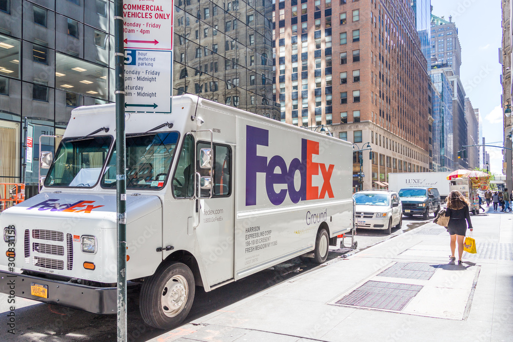 NEW YORK, USA - MAY 15, 2019: FedEx Express truck in midtown Manhattan ...