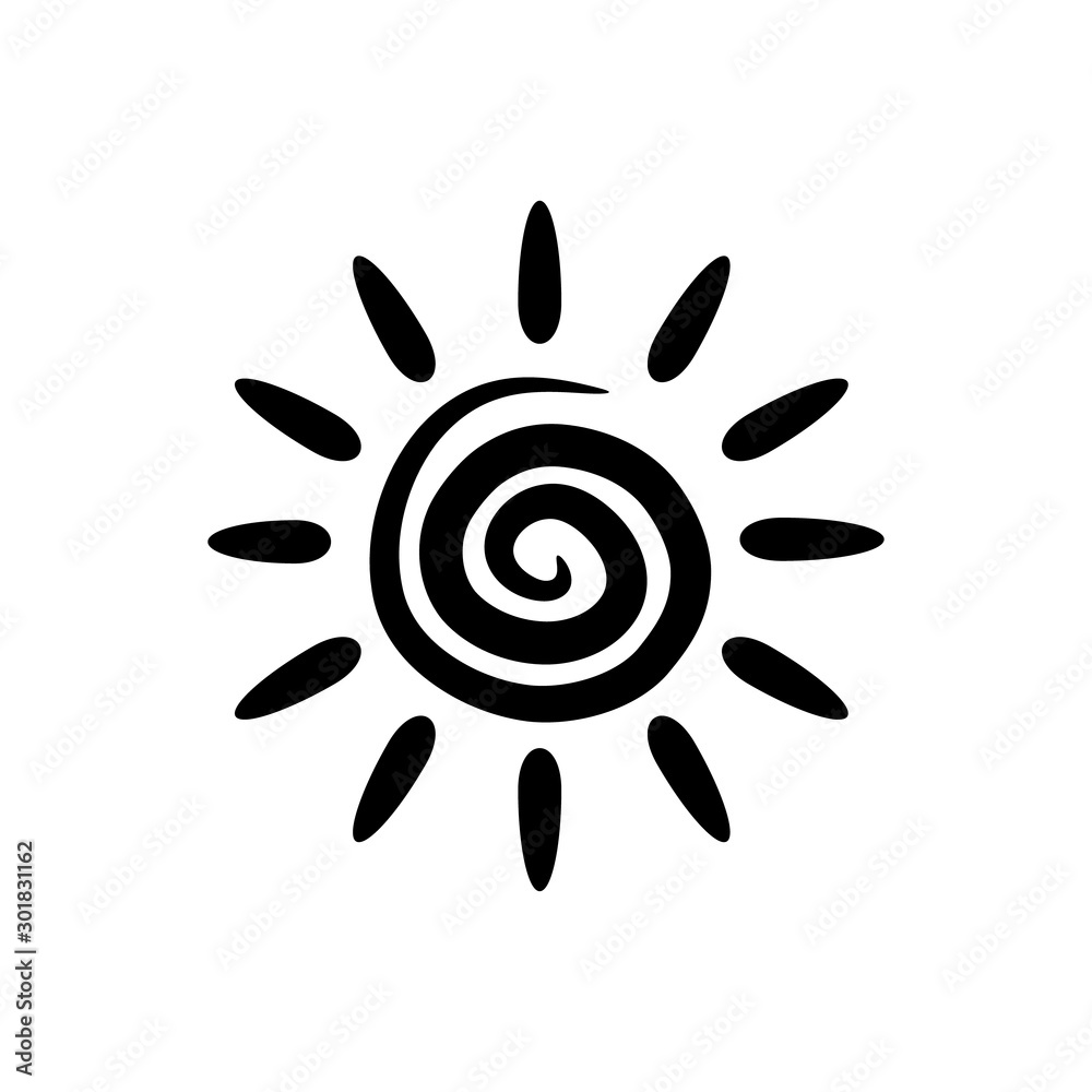 Spiral vector sun with rays. Isolated black line illustration. Simple ...