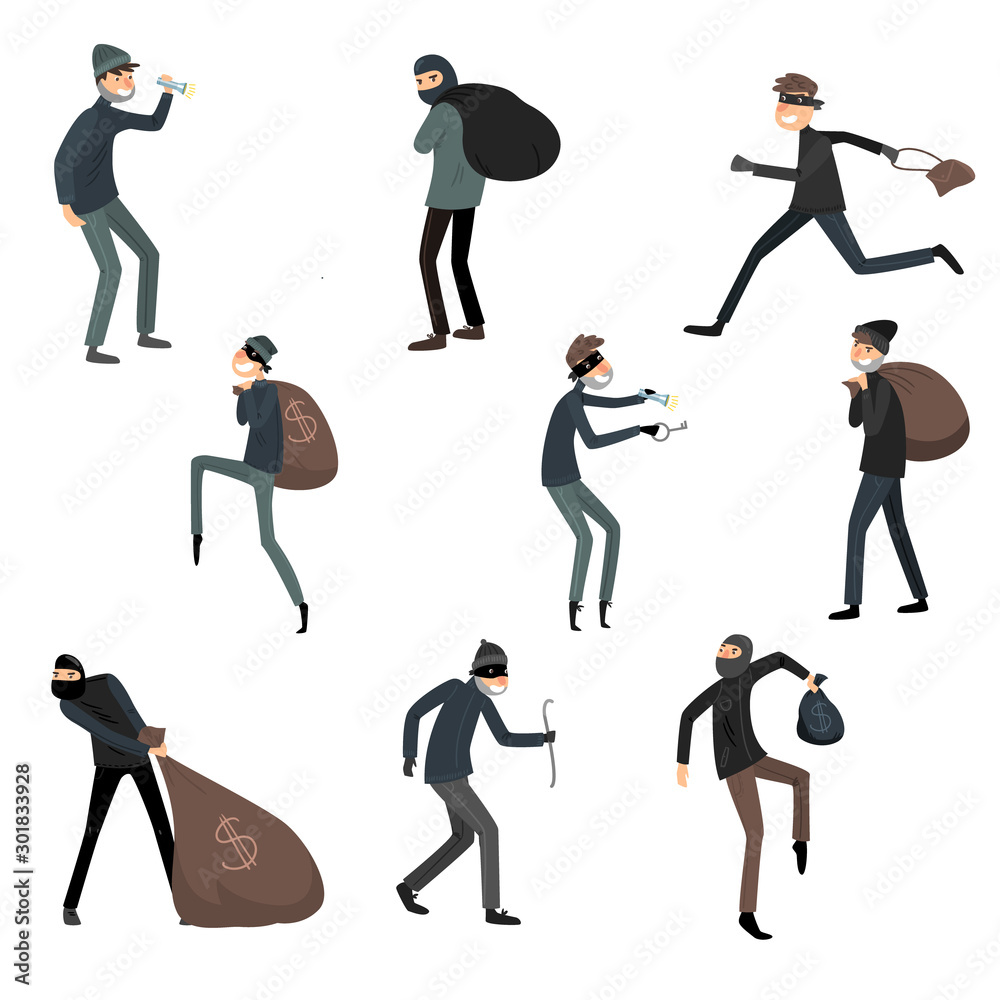 Set of thieves in masks and black suits in different action situations ...