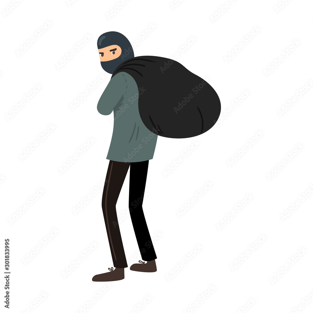 Thief in a black mask with a bag of loot. Vector illustration in flat ...