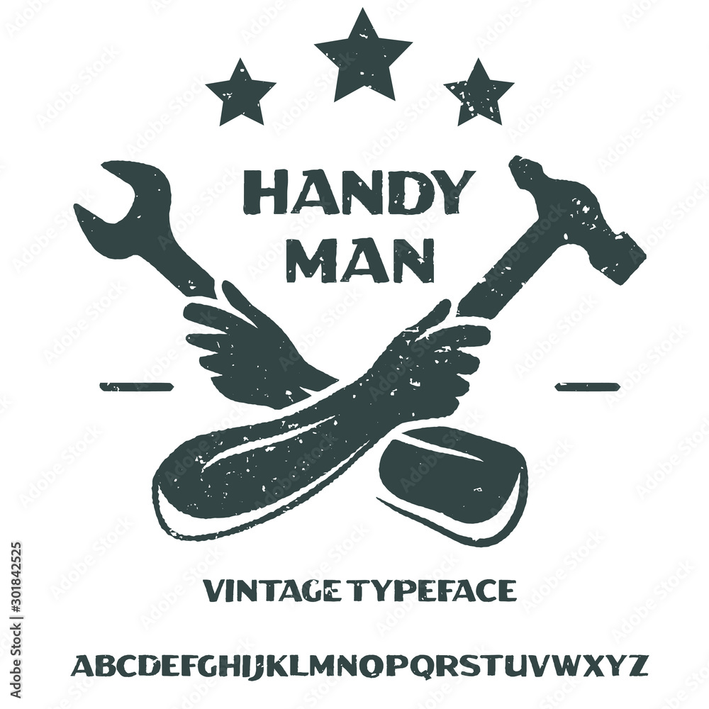 Hand drawn advertising font.Vintage anvil, icon, blacksmith tools ...