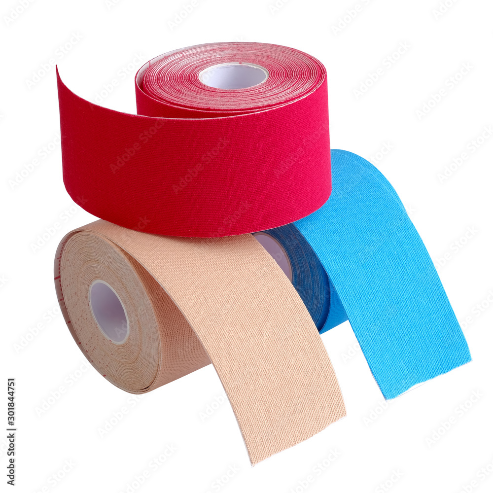 stack of three rolls kinesiology tape for athletes isolated on white ...