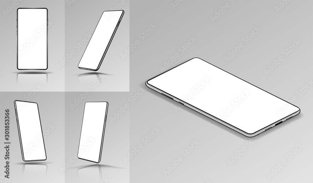 Detailed collection of smartphones at various angles, with shadow and ...