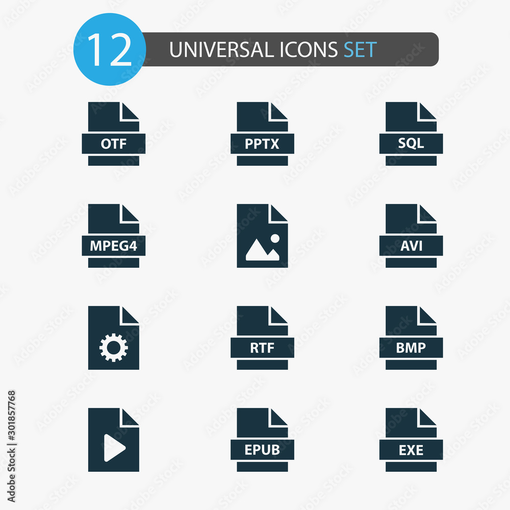 Types icons set with image, system, exe and other document elements ...
