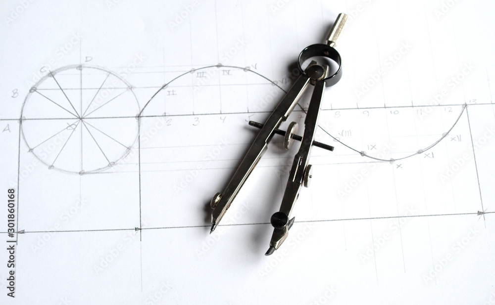 vintage classic drafting drawing: compass over sinusoid draw scheme ...