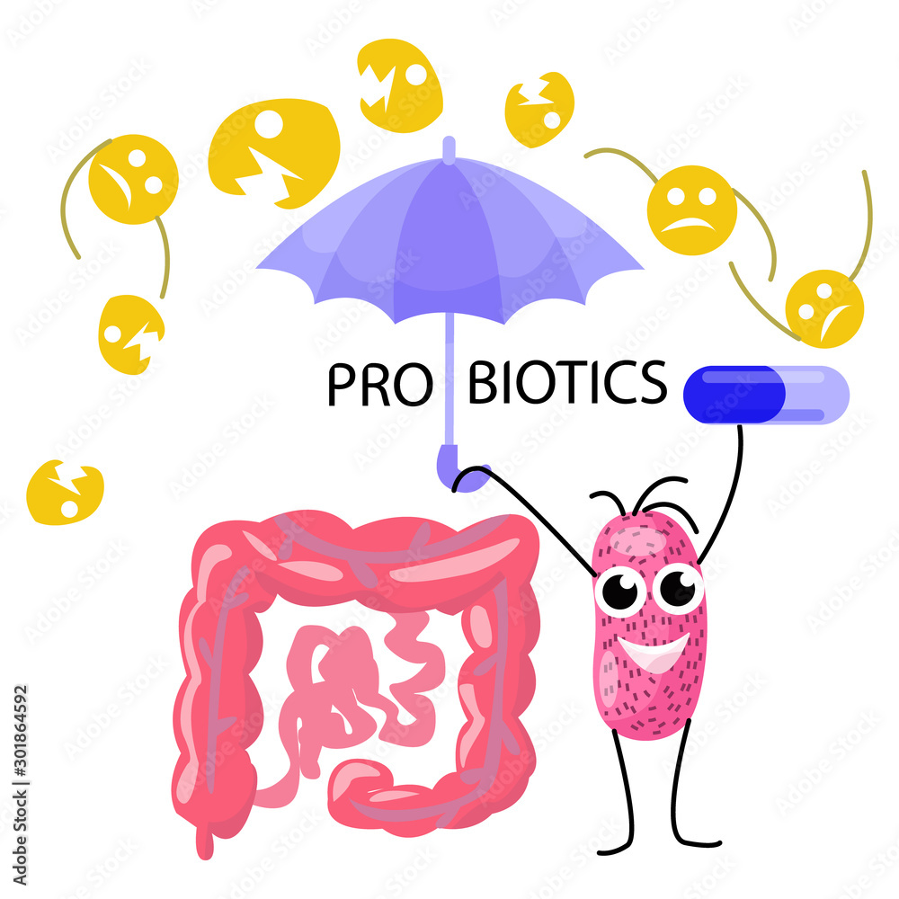 Vector illustration of cartoon probiotic bacteria protecting intestines ...