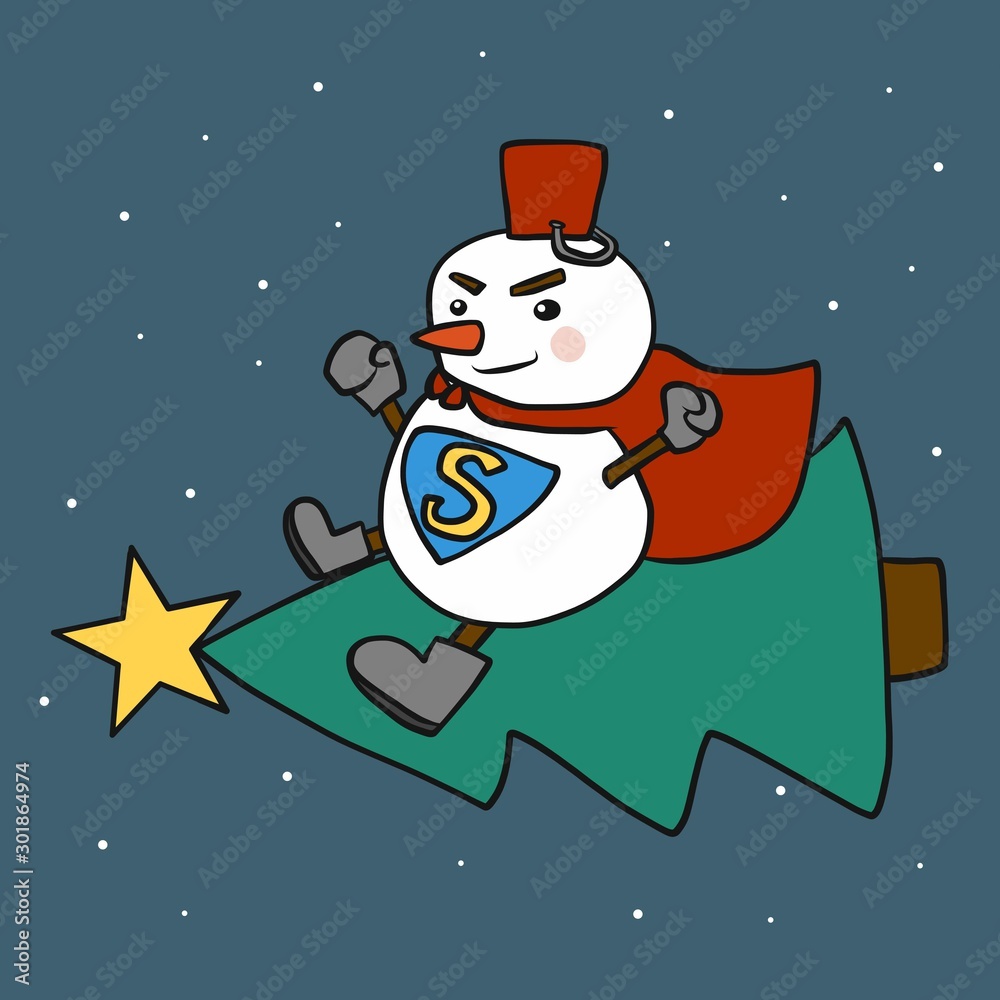 Super snowman flying by Christmas tree cartoon vector illustration ...