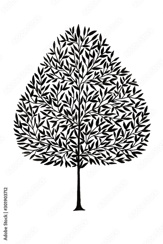 Simple tree drawing using ink pen in silhouette style for icon and ...