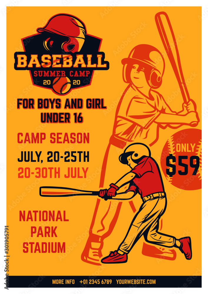 vintage brochure leaflet flyer poster baseball kids summer camp ...