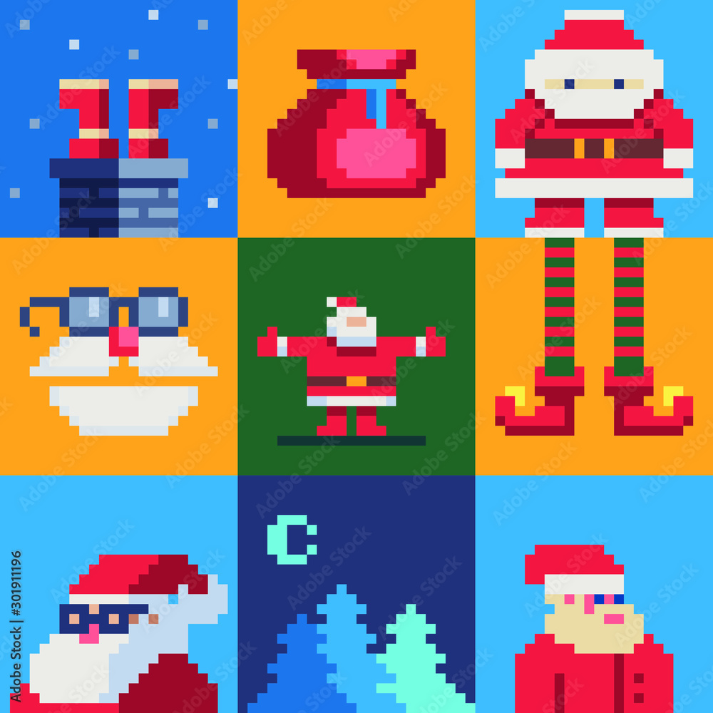 Christmas set, pixel art style, candy, Red boot, Santa's beard, spruce ...