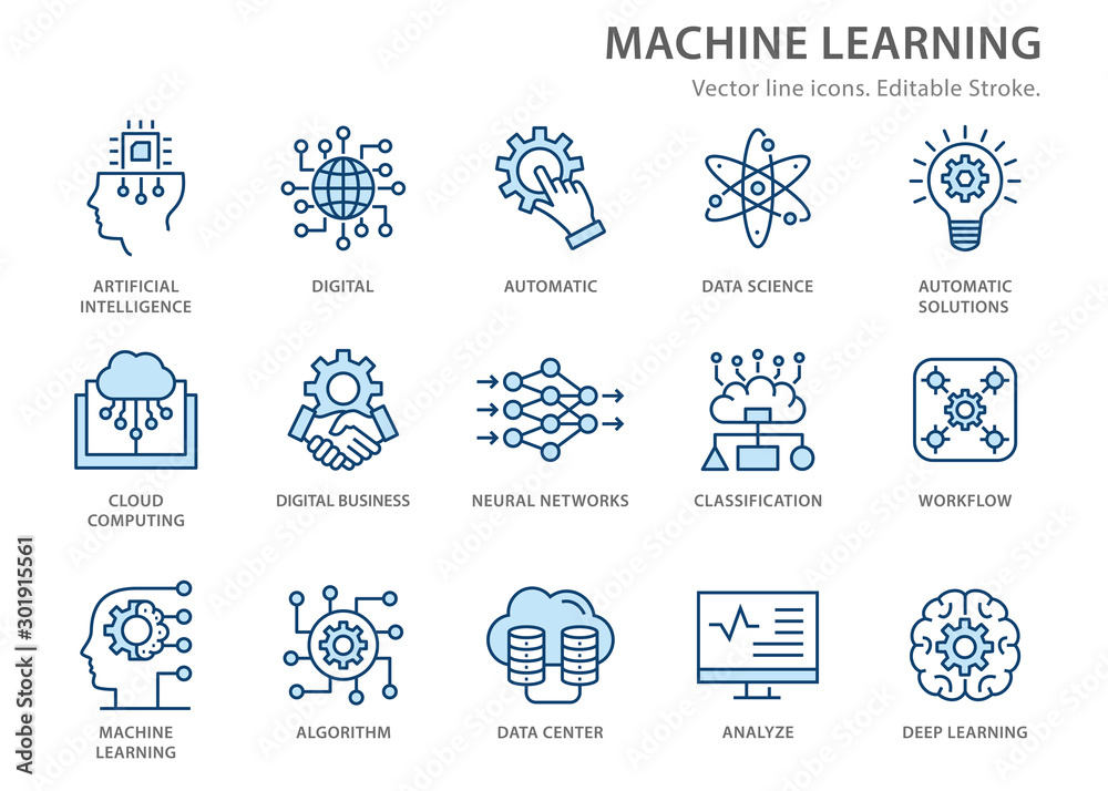 Machine learning line icons set. Vector illustration. Editable stroke ...