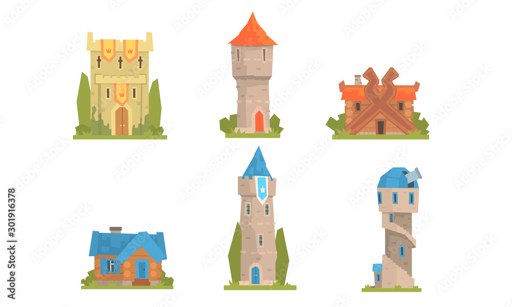 Ancient historic stone towers and wooden huts. Vector illustration ...
