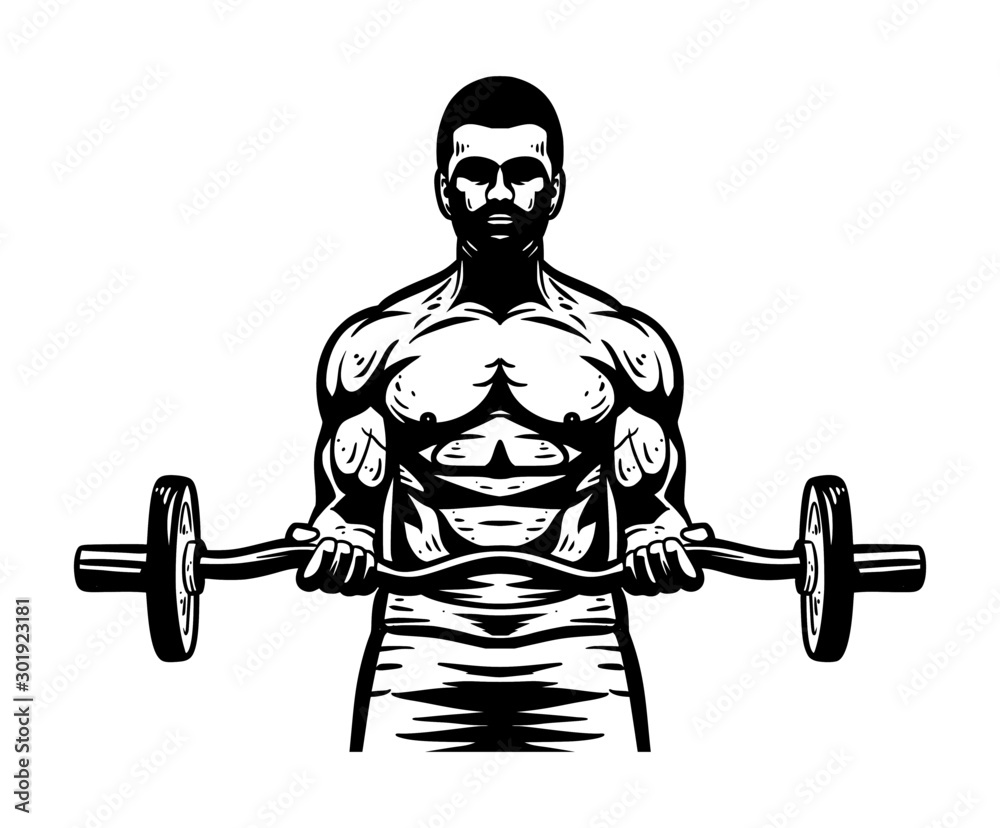 Bodybuilder man character with barbell weightlifting illustration for ...