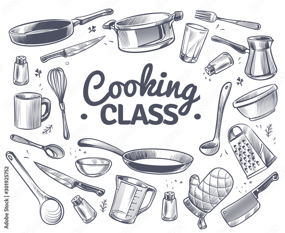 Cooking class. Sketch kitchen tool, kitchenware. Soup pan, knife and ...