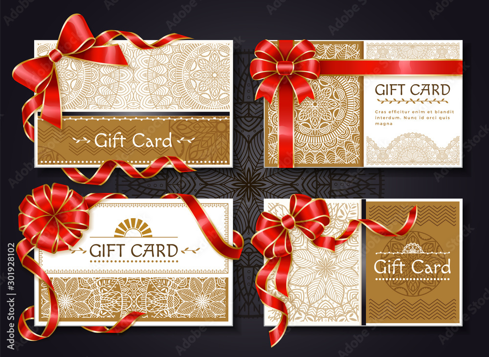 Set of gift cards with text and floral drawings vector. Certificates ...